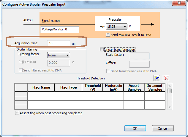 What is the Acquisition time for Smartfusion Active Bipolar Prescaler ...