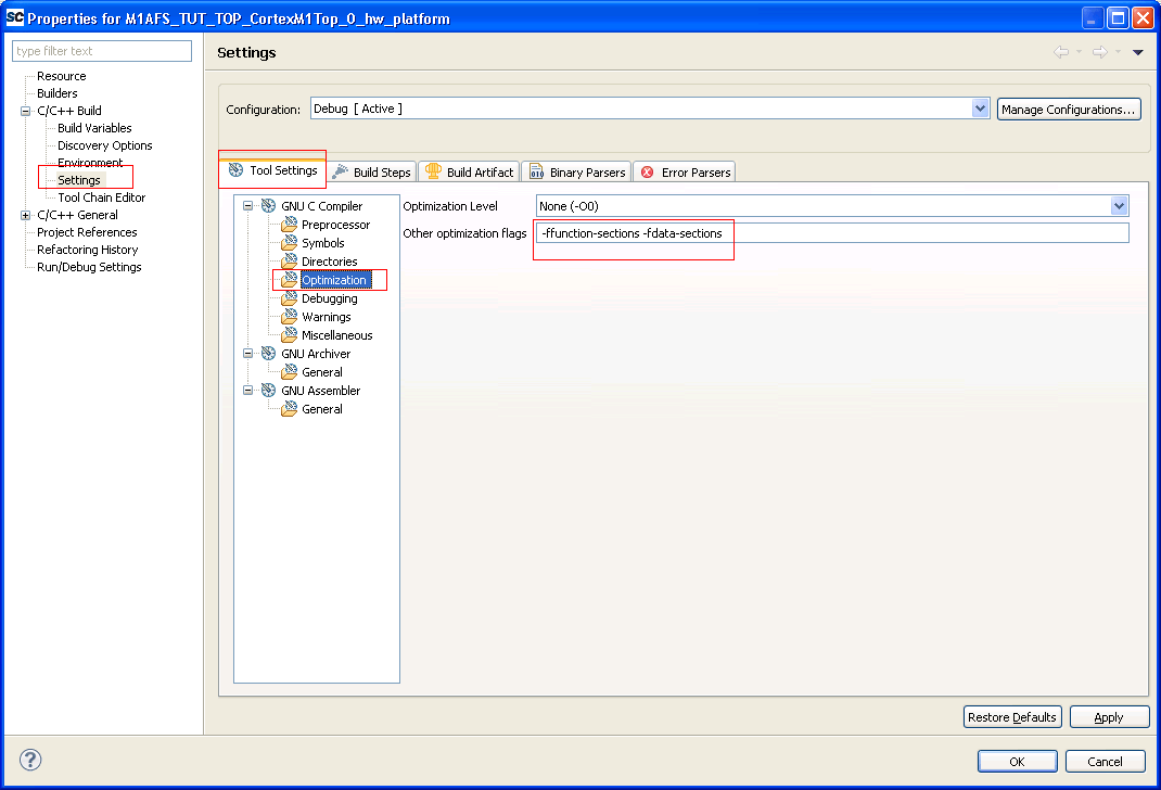 GNU C compiler settings hinders the process of debugging the design.