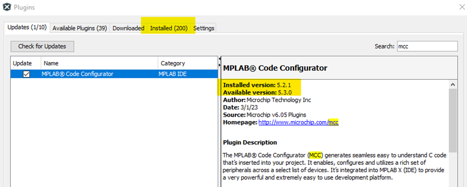 MPLAB X MCC plugin, MCC Core and MCC Harmony Core versions and ...