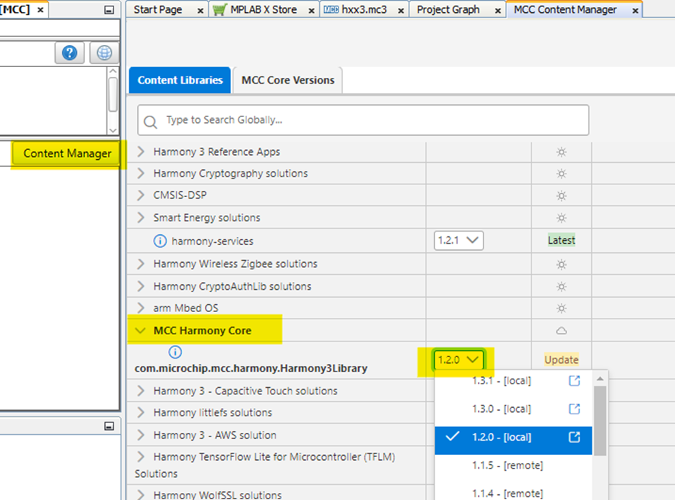 MPLAB X MCC plugin, MCC Core and MCC Harmony Core versions and ...