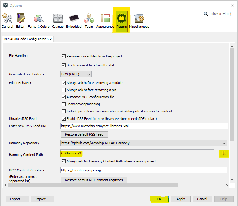 MPLAB X MCC plugin, MCC Core and MCC Harmony Core versions and ...