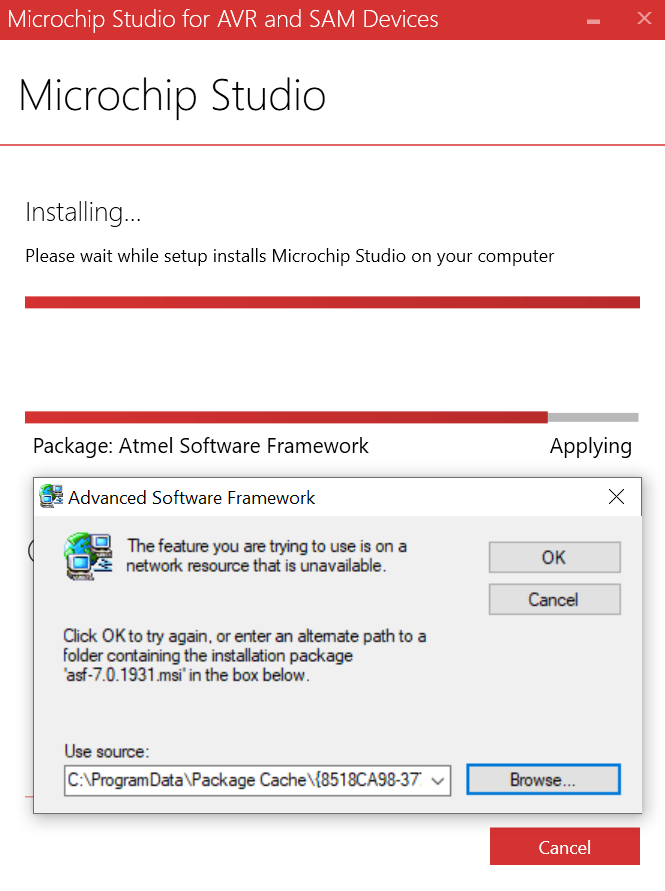 Microchip Studio Installation Error - msi file missing