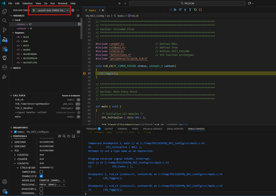 Using Arm CMSIS Debugger and pyOCD with MPLAB Extensions for VS Code