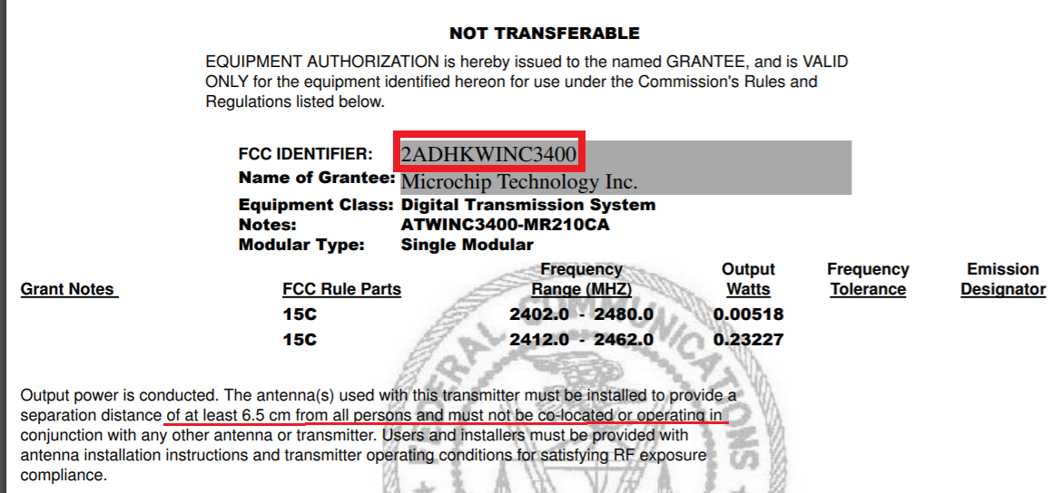 Microchip Wireless RF Certified Module : FCC - SAR exemption